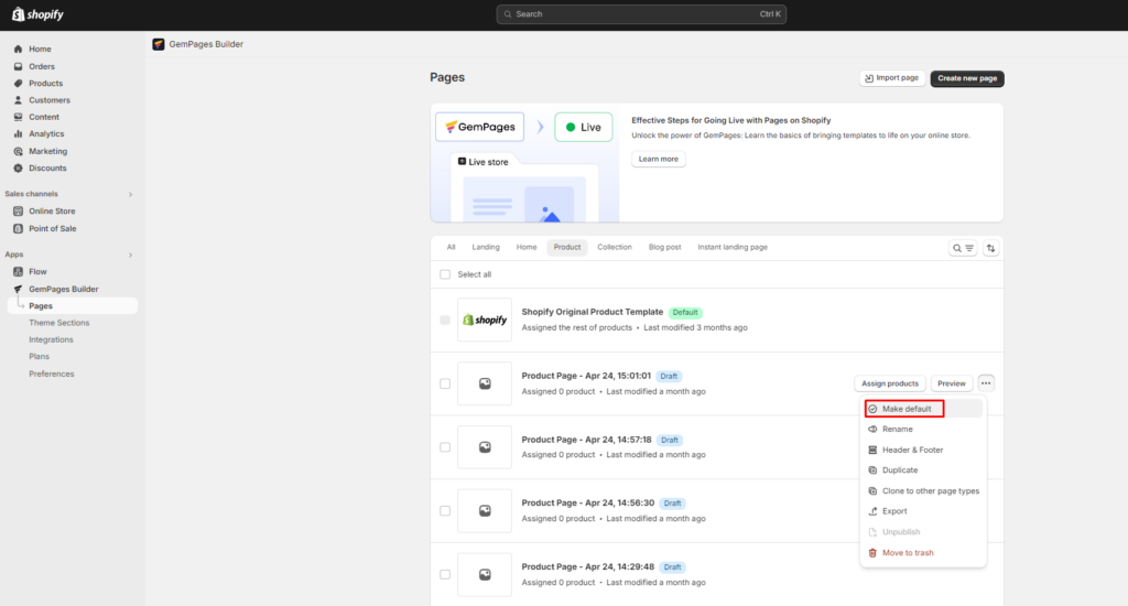 Replace your Default Product Page with GemPages Product Page - Help Center