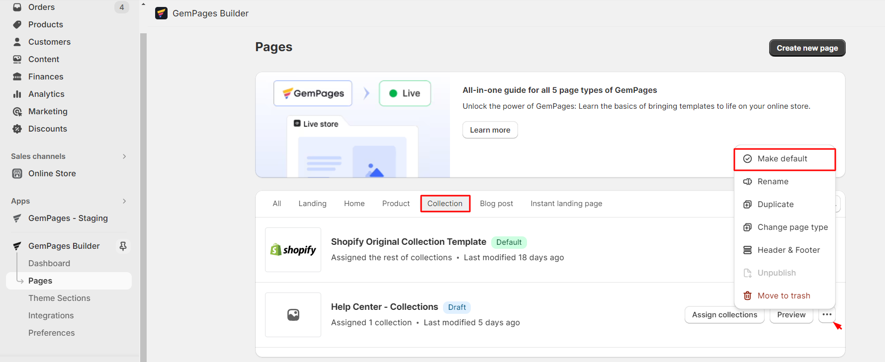 Set a GemPages Page as Default - Help Center
