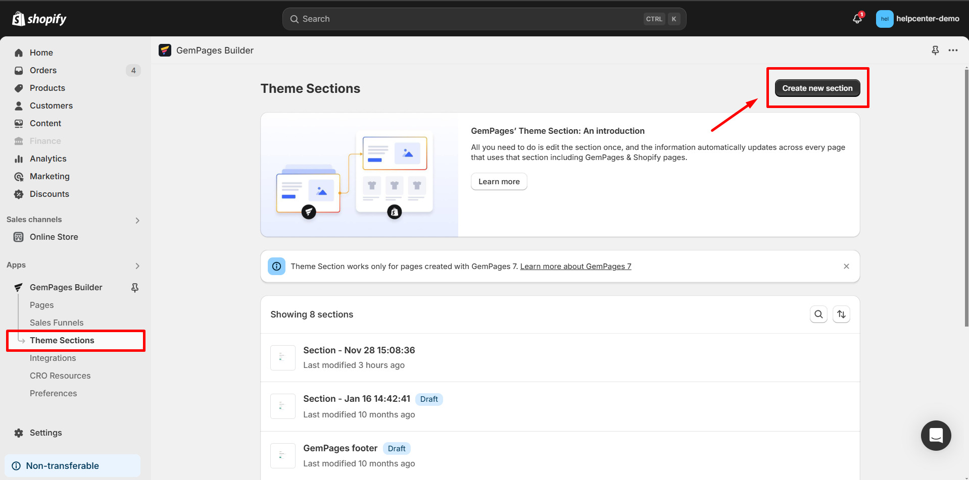 Create Global Section with Theme Section - Help Center