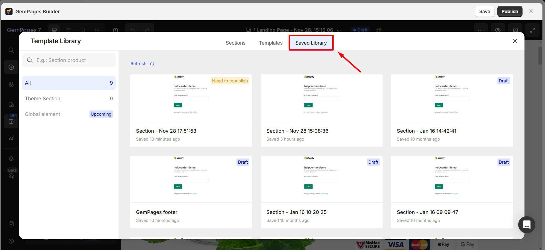 Create Global Section with Theme Section - Help Center