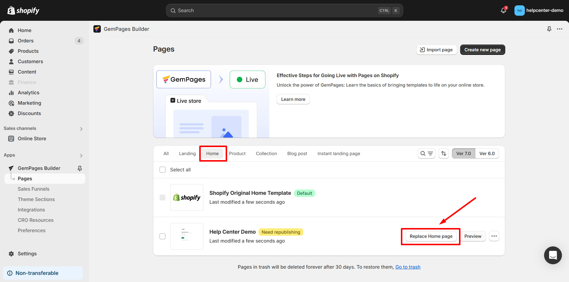 Replace Default Homepage With Gempages Homepage Help Center