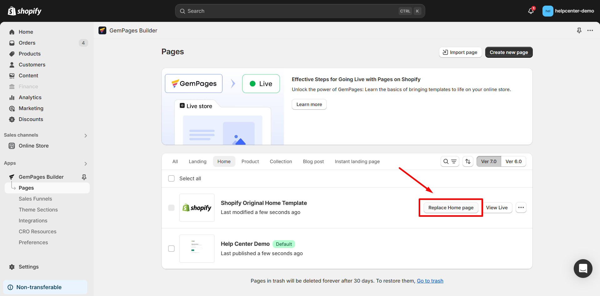 Replace Default Homepage with GemPages Homepage - Help Center